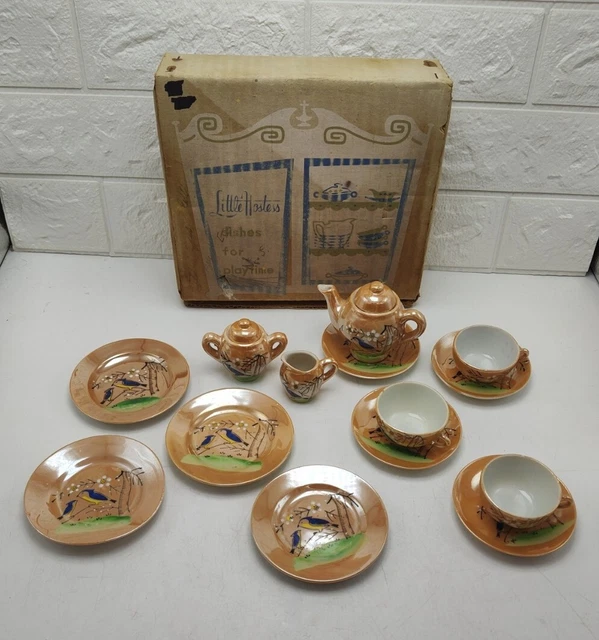 LITTLE HOSTESS CHINA TEA SET Peach Luster Ware Bluebirds JAPAN w Box 16 ...