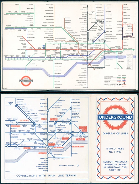 1947 ORIGINAL LONDON UNDERGROUND MAP Diagram of Lines Harry Beck (LTM7 ...