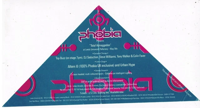 PHOBIA RAVE FLYER Flyers A4 9/5/92 Leeds University Refectory Top Buzz ...