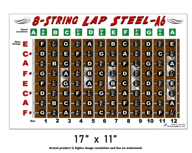 8 STRING LAP Steel Guitar Chart Poster A6 Tuning Notes Fingerboard ...