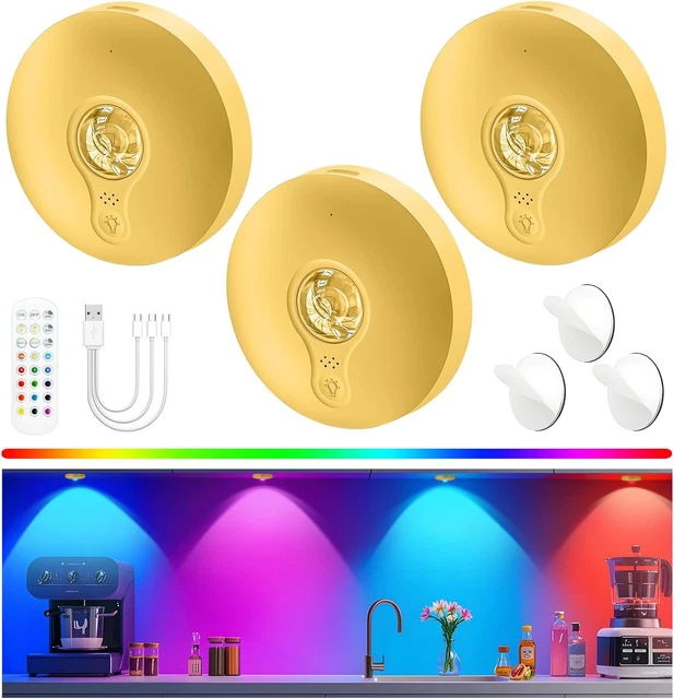 RECHARGEABLE PUCK LIGHTS with Remote, 3 Pack Magnetic Under Cabinet ...