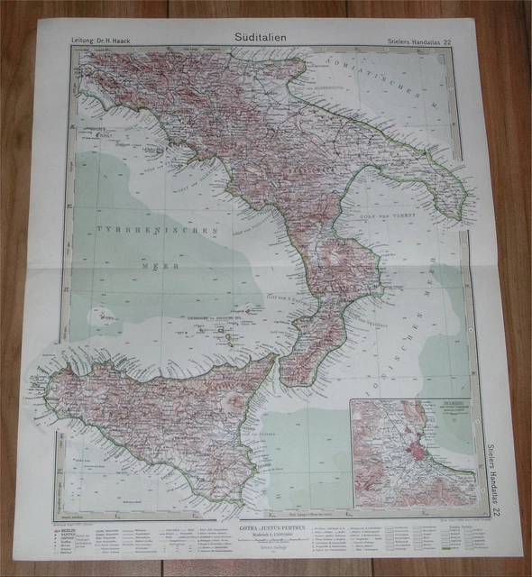 1927 ORIGINAL VINTAGE Map Of Southern Italy Calabria Sicily / Palermo ...