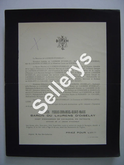 FAIRE PART DE décès de Pierre Emmanuel Henry Marie Baron du LAURENS D'OISELAY EUR 24,90 ...