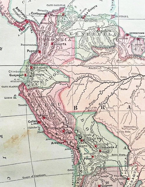 1882 ANTIQUE COLOR Map ~ POLITICAL Map of SOUTH AMERICA ~ Large ...