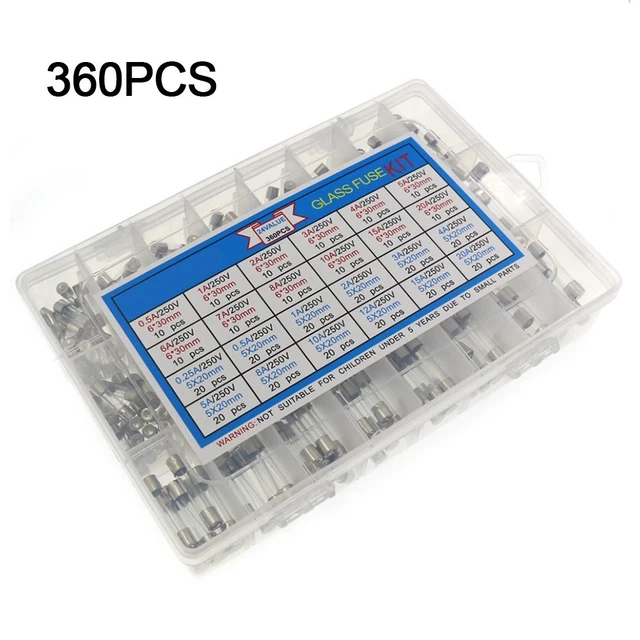 ASSORTIMENT DE 360 fusibles en verre en tailles 5x20mm et 6x30mm pour protection EUR 26,00 ...