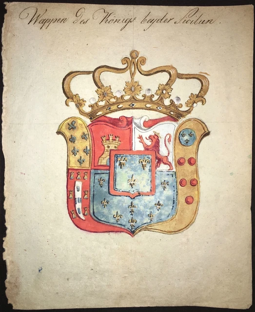 HANDGEMALTES WAPPEN KÖNIGREICH BEIDER SIZILIEN, um 1820, koloriert ...