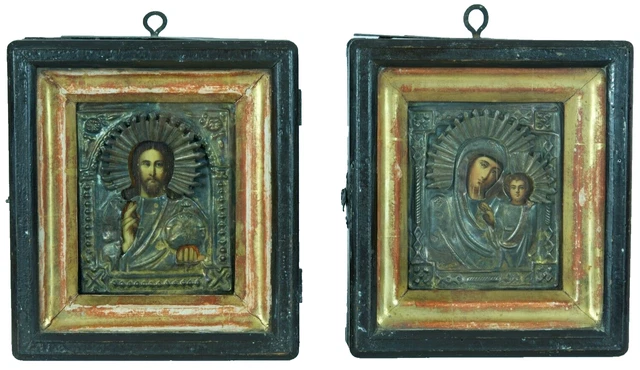 ANCIEN ICÔNE RUSSE voyage coffret vitrine Vierge à l'enfant Christ ...