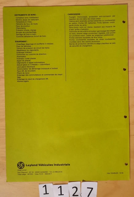 LEYLAND FREIGHT ROVER FOURGON 3.5 T Fiche technique Fr 9/1984 2 pages ...