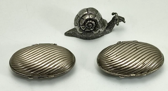 SILVER PLATED CLAM Shell's, Snail. Trinket Pill Boxes, & A Shoe Pin ...
