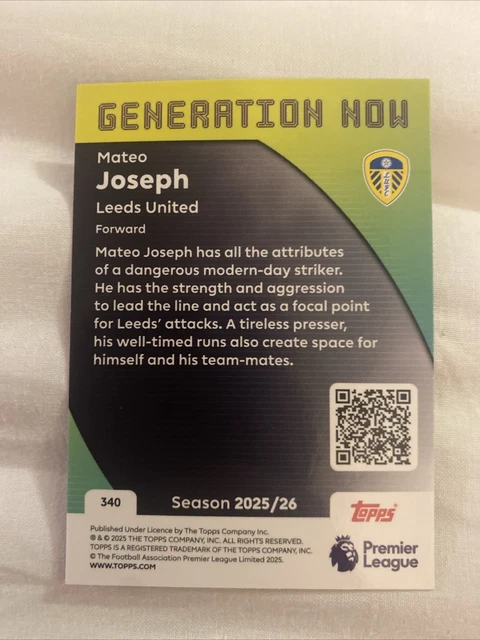 TOPPS 2026 PREMIER League Generation Now Matteo Joseph Card £2.24 ...