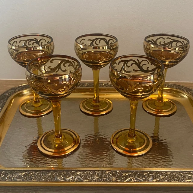 ENSEMBLE DE 5 Verres à Liqueur Style Art Déco en Verre Ambré avec ...