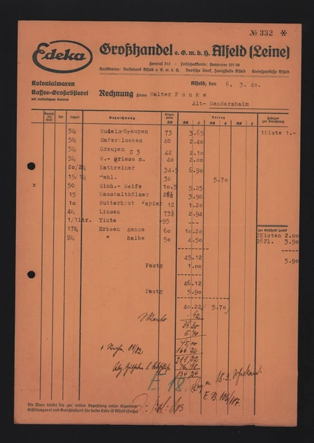 ALFELD, RECHNUNG 1940, Edeka Grosshandel eGmbH Nudeln Graupen Seife EUR ...