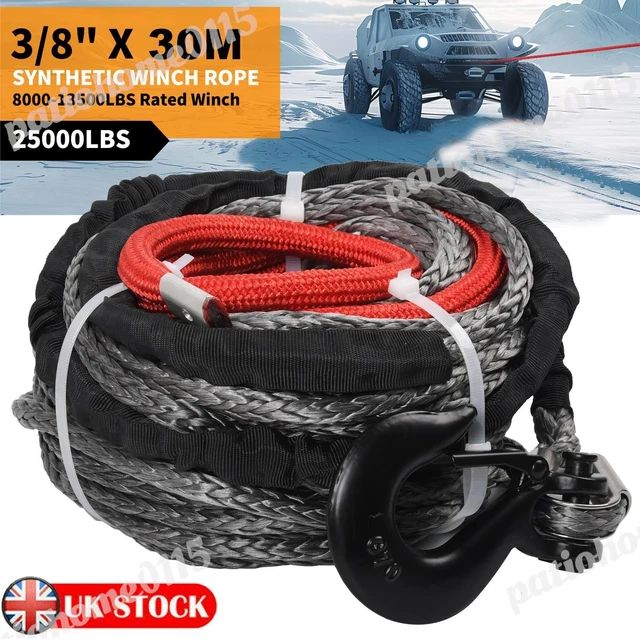 25000LBS WINCH ROPE 3/8" x 30M For Dyneema Hook Synthetic Tow Recovery ...
