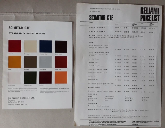 RELIANT SCIMITAR GTE Price List & Colour Chart Brochure 1979 £29.99 ...