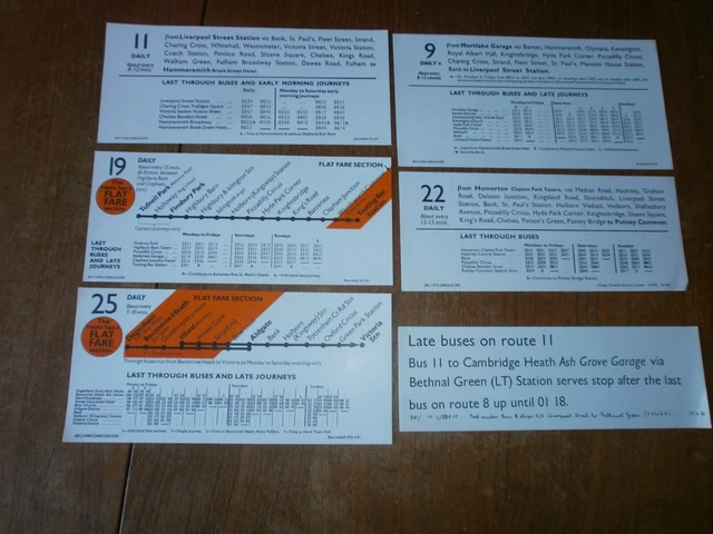 6 LONDON TRANSPORT Bus Stop Timetables-9, 11, 19, 22, 25, Slip, 1981 £3 ...