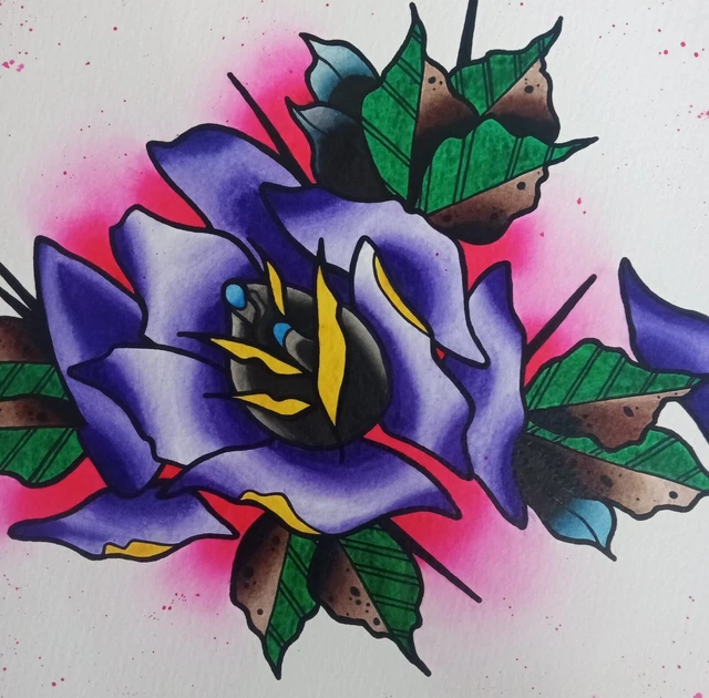 TRADITIONAL OLD SCHOOL Rose - Watercolor & Ink Painting - 9×12 TRADITIONAL OLD SCHOOL Rose - Watercolor & Ink Painting - 9×12