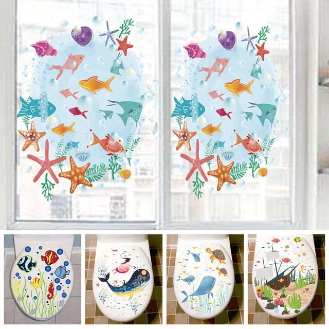 MURAL ART CARTOON Fish Sea-lives Decals Underwater World Toilet ...