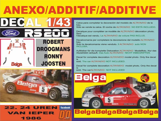 ANEXO DECAL 1/43 Ford Rs 200 Robert Droogmans Ypres Rally 1986 (09) EUR ...
