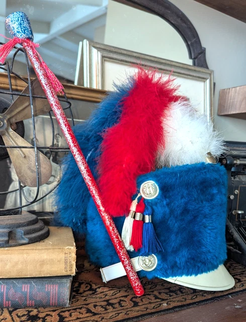 VINTAGE DRUM MAJOR Majorette Hat Baton Cheerleader Set Small red white ...