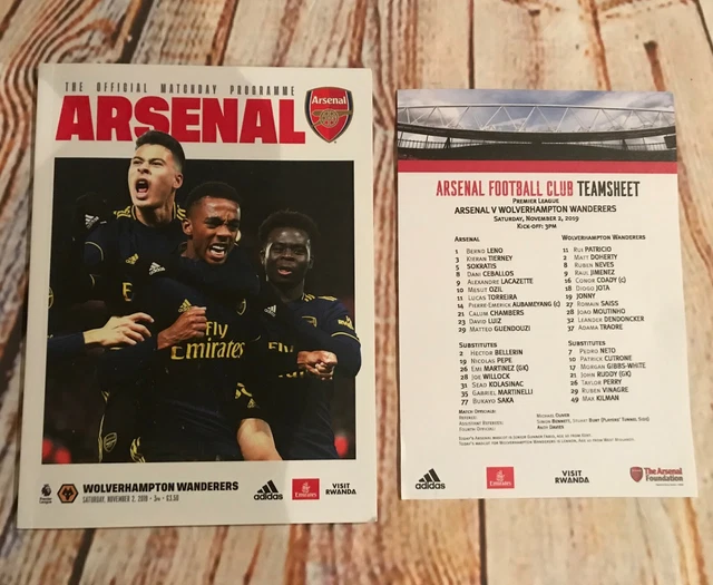 ARSENAL V WOLVES Programme And Team Sheet, 2nd November 2019, Mint £4. ...