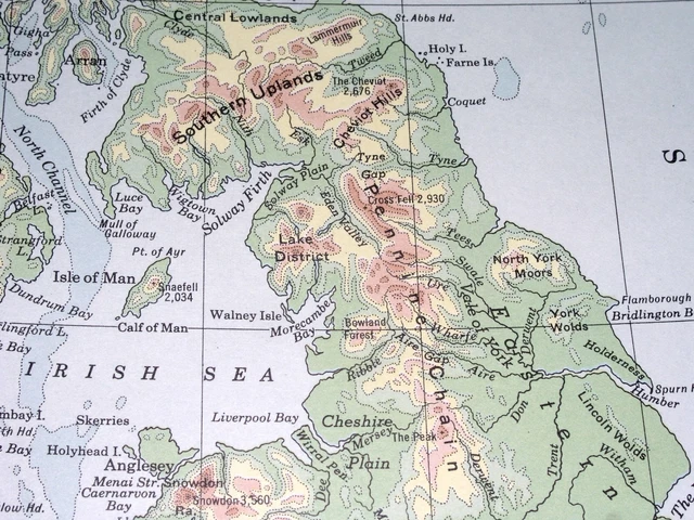 1949 VINTAGE PHYSICAL Map Of Great Britain Scotland Europe Mountains ...