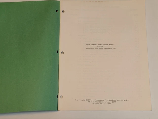PROCESSOR TECHNOLOGY 8KRA 8K Static RAM S-100 Board Assembly Users ...