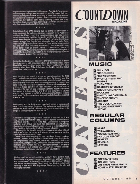 COUNTDOWN MAGAZINE OCT 1985 Arcadia Billy Idol Cockroaches Eurogliders ...