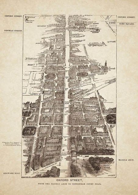 OLD LONDON MAP - Birds eye view of Oxford Street, from The Marble Arch ...