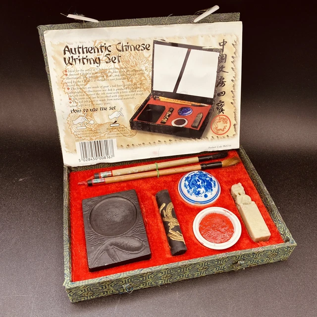 CHINESE CALLIGRAPHY SET with Brushes Stone in Decorative Case Writing ...