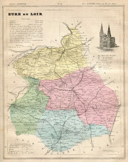 GENUINE ORIGINAL ANTIQUE 1877 France Hand Colored Map EURE ET LOIR ...