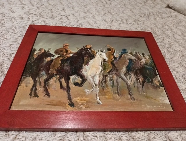 PETIT TABLEAU SCÈNE orientaliste Fantasia chevaux huile / panneau XXe ...
