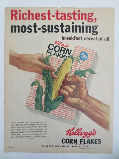 VINTAGE AUSTRALIAN ADVERTISING 1958 ad KELLOGG'S CORN FLAKES box cob ...