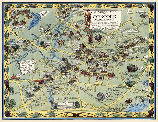 PICTORIAL MAP CONCORD Massachusetts Family History Wall Art Print ...