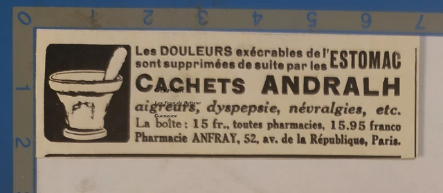 CACHETS ANDRALH DOULEURS ESTOMAC pharmacie ANFRAY publicité advert 1929 ...