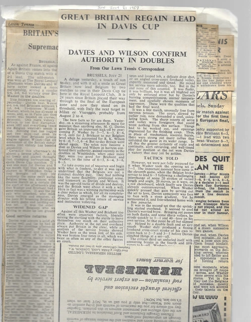 ORIGINAL 1957 (JULY 21-24) Newspaper Pictures/Cuttings etc Davis Cup ...