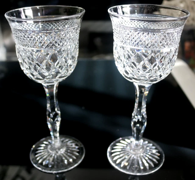 2 X ANTIQUE THOMAS WEBB RUSSELL DIAMOND FACET CUT WINE GLASSES SIGNED H ...