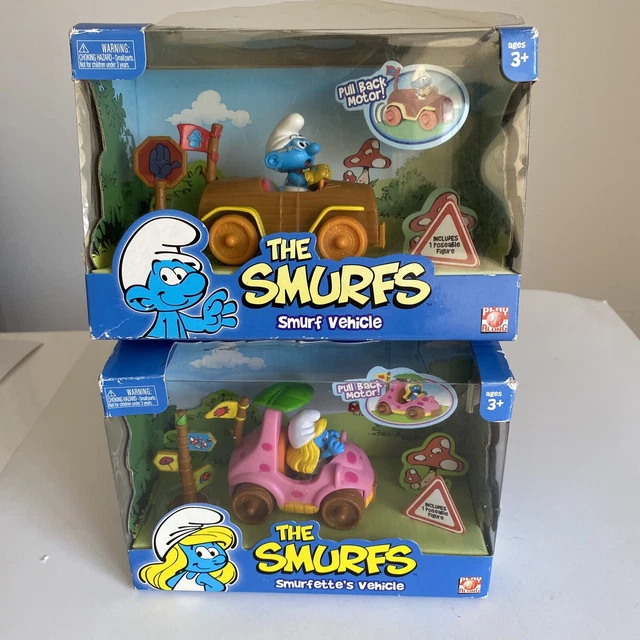 THE SMURFS POSEABLE Figure Car Pull Back Smurf & Smurfette’s Vehicle ...