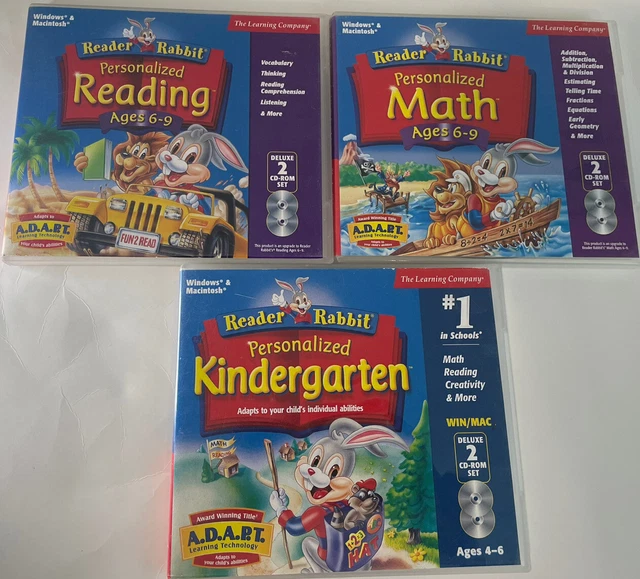 LOT OF 3 Reader Rabbit CD-ROMs Personalized Kindergarten Reading Math 4 ...