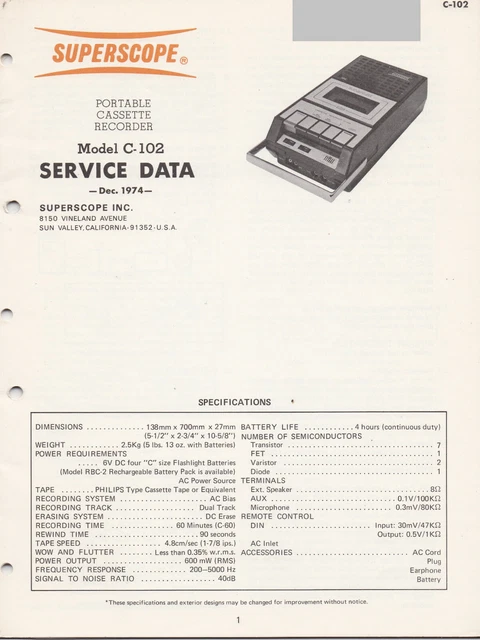 ORIGINAL SERVICE MANUAL Superscope Model C-102 Portable Cassette ...