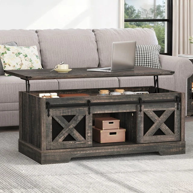 FARMHOUSE LIFT TOP Coffee Table with Storage & Sliding Barn Door Center ...