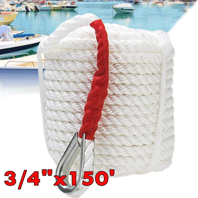 1PCS 3/4&X150' TWISTED 3 Strand Anchor Mooring Rope Boat Line w/Thimble ...