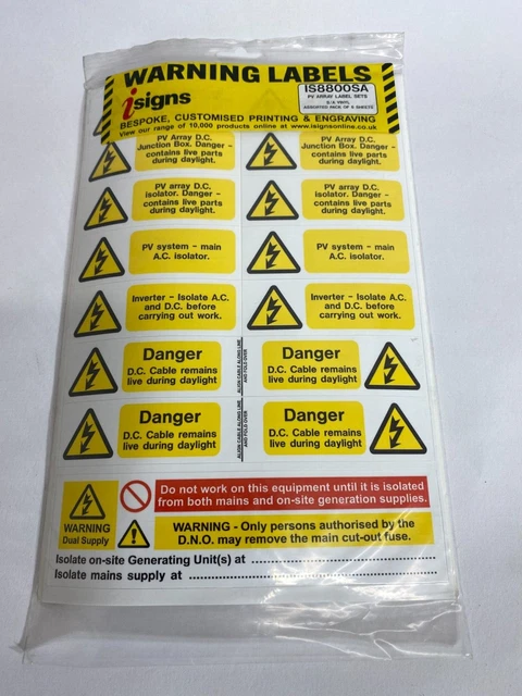 SOLAR PV ARRAY Electrical Safety Warning labels, 5 sheets of 15 vinyl ...