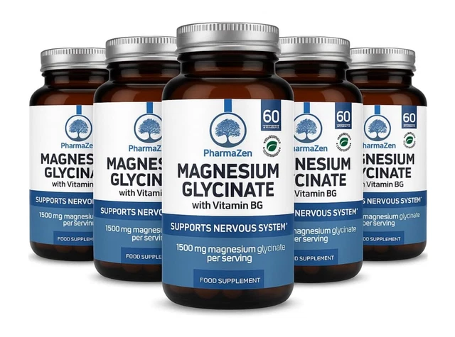 5 X MAGNESIUM Glycinate Supplements 1500mg & Vitamin B6 - 60 Capsules ...