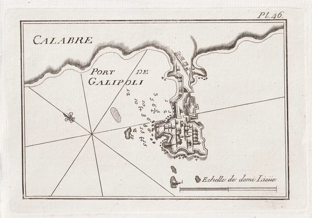 GALLIPOLI PUGLIA ITALIA Italy Italien carta map Karte Roux incisione ...