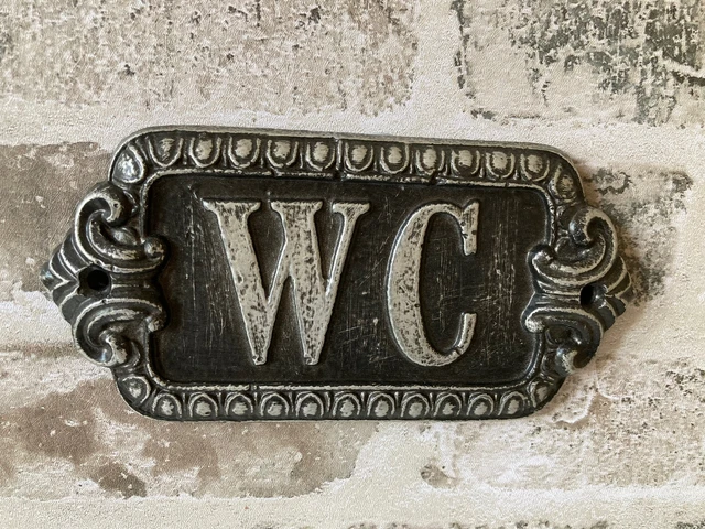 WC TOILET SIGN Cloakroom Plaque Wall Door Metal Black Silver Distressed ...
