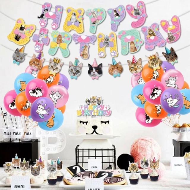 DECORATION PARTY DECOR Streamer Cake Topper Happy Birthday Banner Cat ...