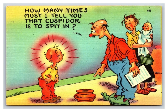 COMIC STUPID KID Thinks Spittoon is a Toilet UNP Linen Postcard S1 EUR ...