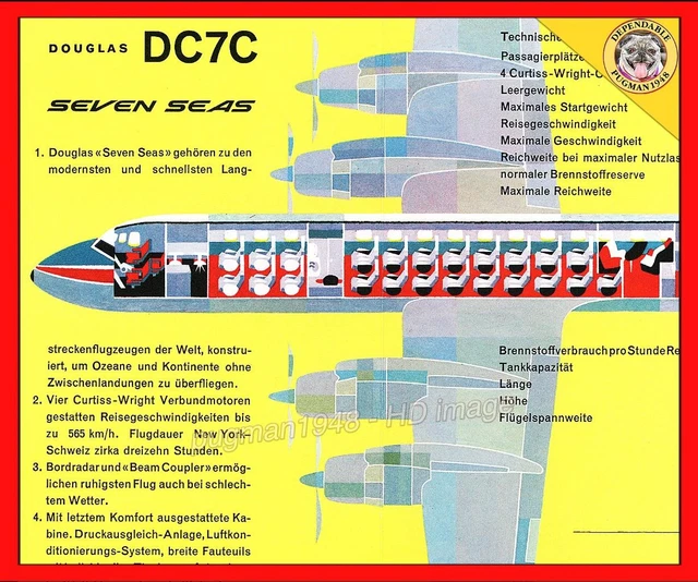 SWISSAIR AIRLINES C1956 AIRLINE BROCHURE... DC-7C Cutaway, DC-6B, DC-6A ...