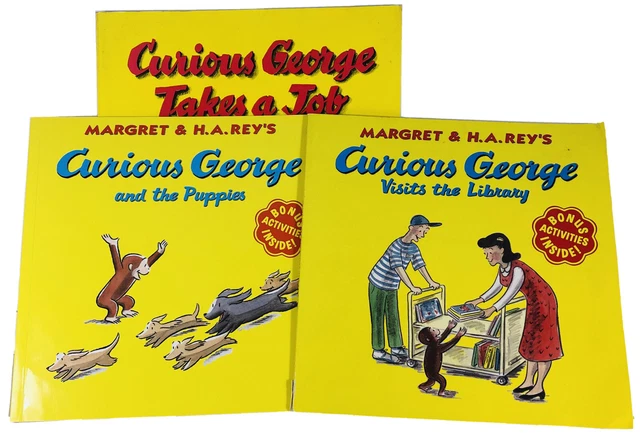 CURIOUS GEORGE BUNDLE x3 Puppies Takes a Job ,Visits the Library Book ...