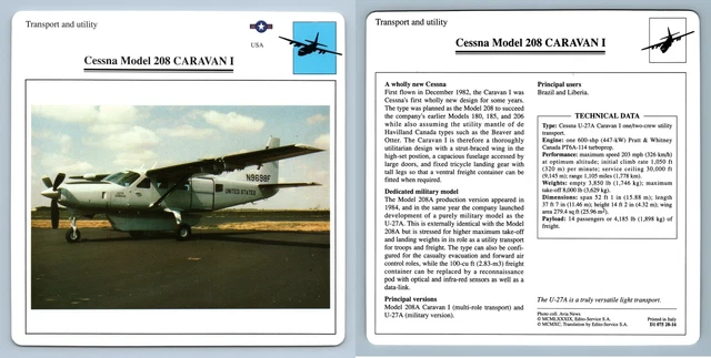 CESSNA MODEL 208 Caravan I - Transport - Warplanes Collectors Club Card ...